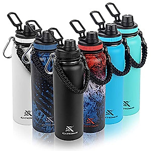 Extremus Deluge Stainless Steel Vacuum Insulated Sports Water Bottle with 100% Leak-Proof Travel Lid, Paracord Survival Handle, 32 oz, Prym1 Blue Flag