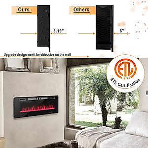 Tangkula 50 inches Electric Fireplace Insert, 3.19 Inches Ultra Thin Recessed & Wall Mounted 1400W Fireplace with Adjustable Flame Color & Speed, 12 H Timer,Remote Control,Touch Screen and WiFi App