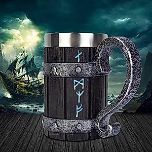 Nordic Viking Rune Mug Tankard Stainless Steel Wooden Resin 3D Norse Decor Coffee Cool Gothic Beer Tankard Stein Cup Mugs 20oz