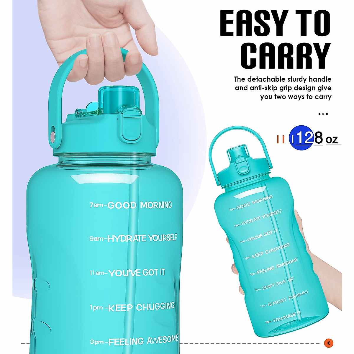 HydroPal 1 Gallon Water Bottles with Straw, 128 oz / 3.8L Water Bottle BPA Free Innovative 2-IN-1 Lid Gym Bottle with Times to Drink Motivational, Large for Sports Fitness Camping Water Jug One Gallon
