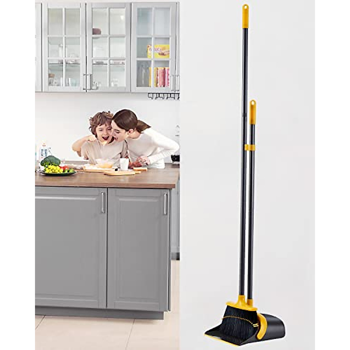 Broom and Dustpan Set, Broom and Dustpan, Broom and Dustpan Set for Home, Stand Up Dustpan Combo Set for Office Home Kitchen Lobby Floor Use (Yellow)