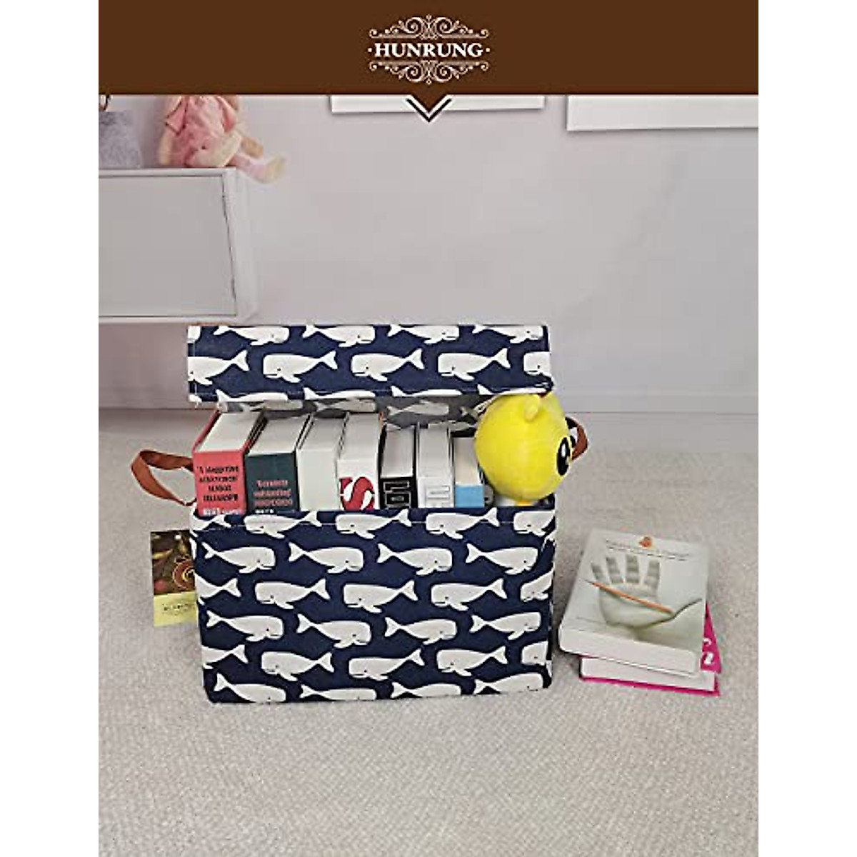 HUNRUNG Storage Boxes with Lids Rectangle/Square Storage Bins，Storage Basket Cute Canvas Organizer Bin for Pet/Children Toys, Books, Clothes Perfect for Rooms（Rec-Blue Whale-with lid）