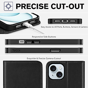 TUCCH Case Wallet Compatible with iPhone 15 Plus, Kickstand Flip Folio [RFID Blocking] [3 Card Slot] PU Leather Cover [Protective TPU Interior Case] for iPhone 15 Plus 6.7 Inch, Classic Black