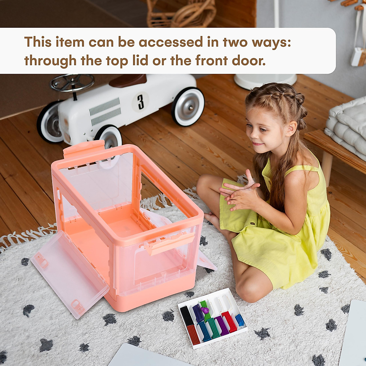 CHILDLIKE BEHAVIOR Foldable Bins with Lids - Pink Plastic Toy Bin - Heavy-Duty, Odorless, Built-in Lock Buckles, Two Opening Ways, Stackable, Moveable - 22.4 x 15 x 31.5 inches