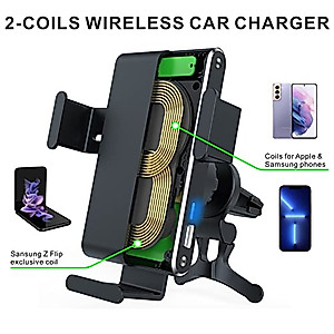 Wireless Car Charger for Galaxy Z Flip 4/3/2, MAKAQI Dual Coil Auto Clamping Fast Charging Car Mount,Dashboard Windshield Air Vent Phone Holder for iPhone13 & Galaxy S & Note & Flip