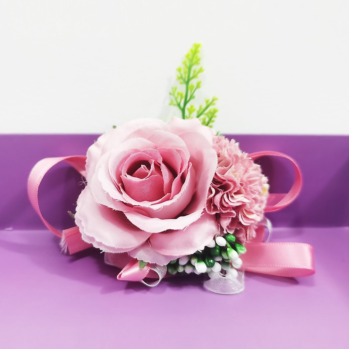 Axnhbubu 4Pcs Bridesmaid Purple Wrist Corsage Bracelet Wristlet Band Bridal Dusty Rose Corsage Girl Women Hand Flowers Boutonnieres for Wedding Prom Party Decorations