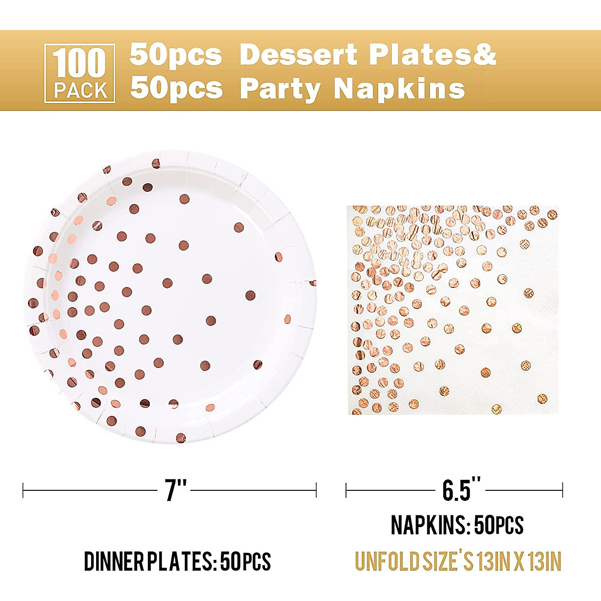 CENLBJ White and Rose Gold Paper Plates and Napkins-100 PCS-50 x 7''Dessert Plates & 50 x 6.5''Napkins,Gold Dots Paper Plates Party Supplies,for Birthday,Anniversary,All Occasions