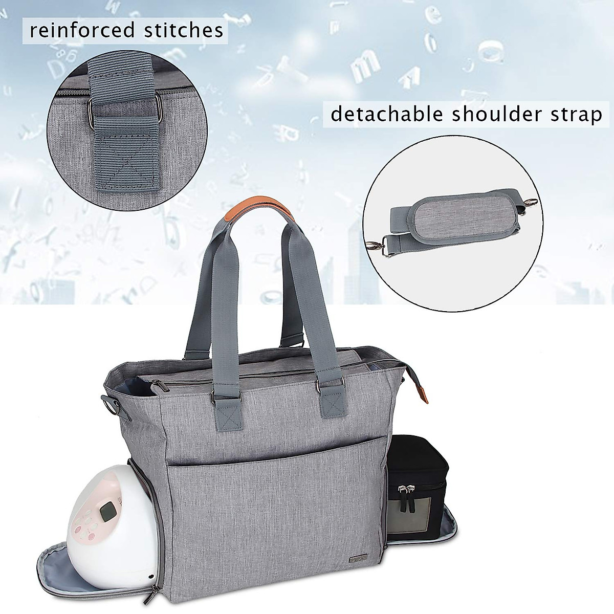 LUXJA Breast Pump Tote with Pockets for Laptop and Cooler Bag, Breast Pump Bag for Working Mothers (Fits Most Major Breast Pump), Gray