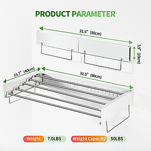 Heshecein Clothes Drying Rack for Laundry,Wall Mounted Collapsible Laundry Drying Rack,5 Stainless Steel Rods,Folding Indoor/Outdoor Drying Rack Clothing,Towel Drying Rack,White,31.5" Wide
