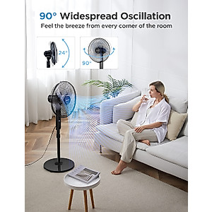 PELONIS 16" Oscillating Pedestal Stand Up Fan | Adjustable Height | Ultra Quiet DC Motor | Remote Control | 12 Speed | 12-Hour Timer | High Energy Efficiency | for Bedroom Home Office Use | Black