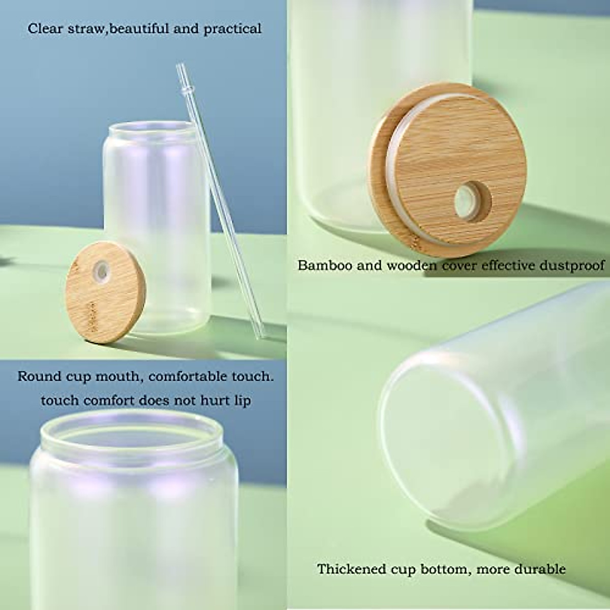 LEFIMOT 4 Pack Drinking Glasses with Bamboo Lids and Straw, 16oz Can Shaped Glass Cups Iced Coffee Cup Beer Glasses Cocktail Glasses Cute Tumbler Cup for Smoothie,Tea,Whiskey,Water,Gift