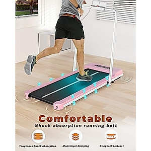 Dskeuzeew Under Desk Treadmill Walking Pad with Bluetooth&Remote, 2-in 1 Electric Treadmill Running Jogging Machine Max 265lb(Pink&White-Handle)