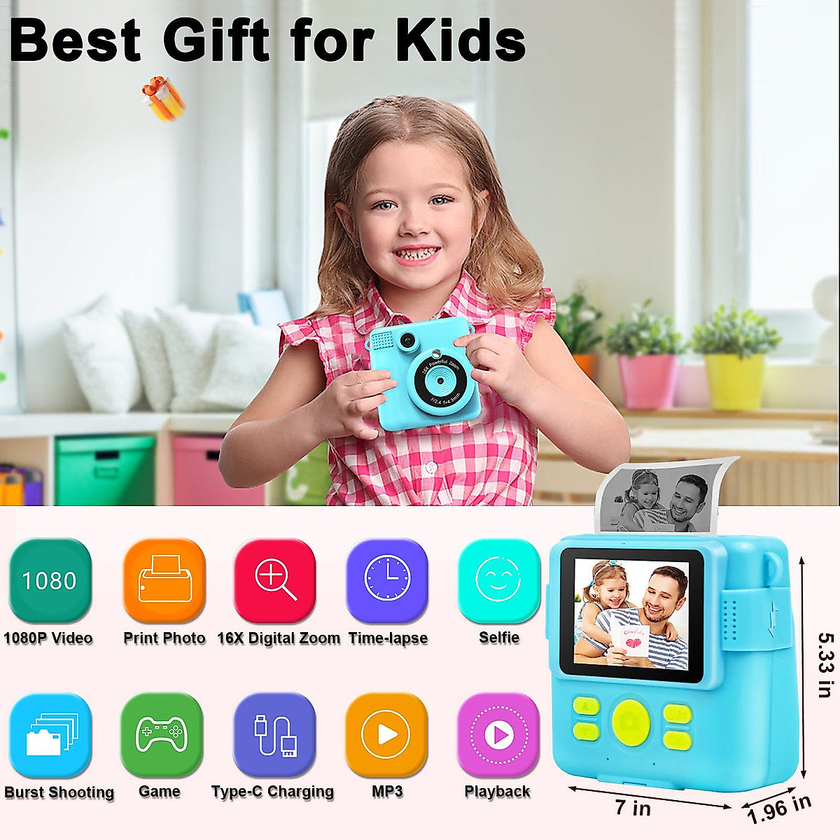 GKTZ Instant Print Camera for Kids - 1080P HD Instant Print Photo - Christmas Birthday Gifts for Age 4 5 6 7 8 9 10 Girls Boys - Portable Toy with 3 Rolls Photo Paper, 5 Color Pens, 32GB Card - Blue