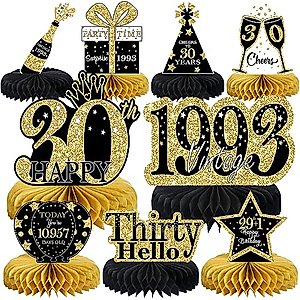 9 Pcs 30th Birthday Decorations Honeycomb Centerpieces for Women Men, Black Gold 1992 Aged to Perfection Vintage Centerpieces for Tables Toppers Thirty Years Birthday Party Decorations Supplies