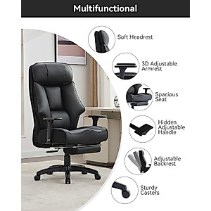 DJ·Wang Big and Tall Office Chair 400lbs, Executive Office Chair with Foot Rest, High Back Office Chair with Back Support, Oversized Office Chair for Heavy People, Leather Office Chair Black