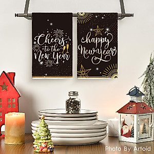 Artoid Mode Cheers Stars Firework Happy New Year Kitchen Towels Dish Towels, 18x26 Inch Festival Decoration Hand Towels Set of 2