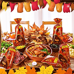 Zhanmai 100 Pcs Thanksgiving Fall Cellophane Bags Maple Leaves Goodie Treat Bags Autumn Pumpkin Candy Bags with 150 Gold Twist Ties for Thanksgiving Fall Party Supplies Gift Wrapping (Classic Style)