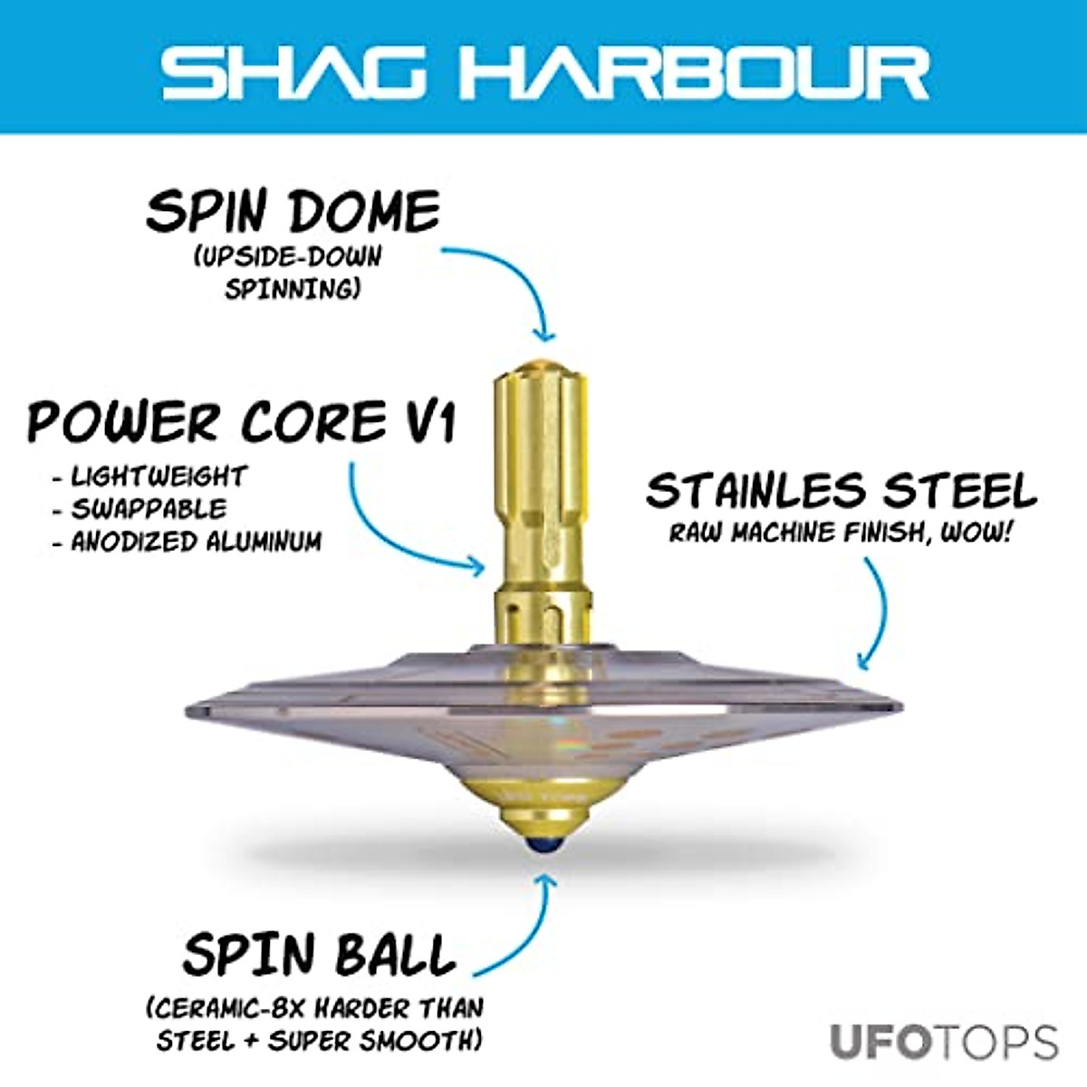UFO Tops | Shag Harbour | Metal Spinning Top | Inspired by The 1967 Shag Harbour, Nova Scotia UFO Incident | Raw Stainless Steel UFO with Solar Yellow Power Core™