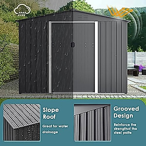 Incbruce 6X8 Ft Outdoor Storage Shed, Double Sloping Roof Metal Shed, Garden Storage Shed with Sliding Door, Metal Shed Kit with Double Doorknobs and Air Vents (Grey)