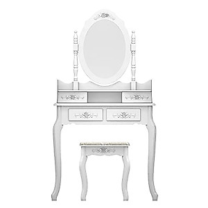 IRDFWH Dressing Table Concise 4-Drawer 360-Degree Rotation Removable Dresser White with Dressing Table Stool