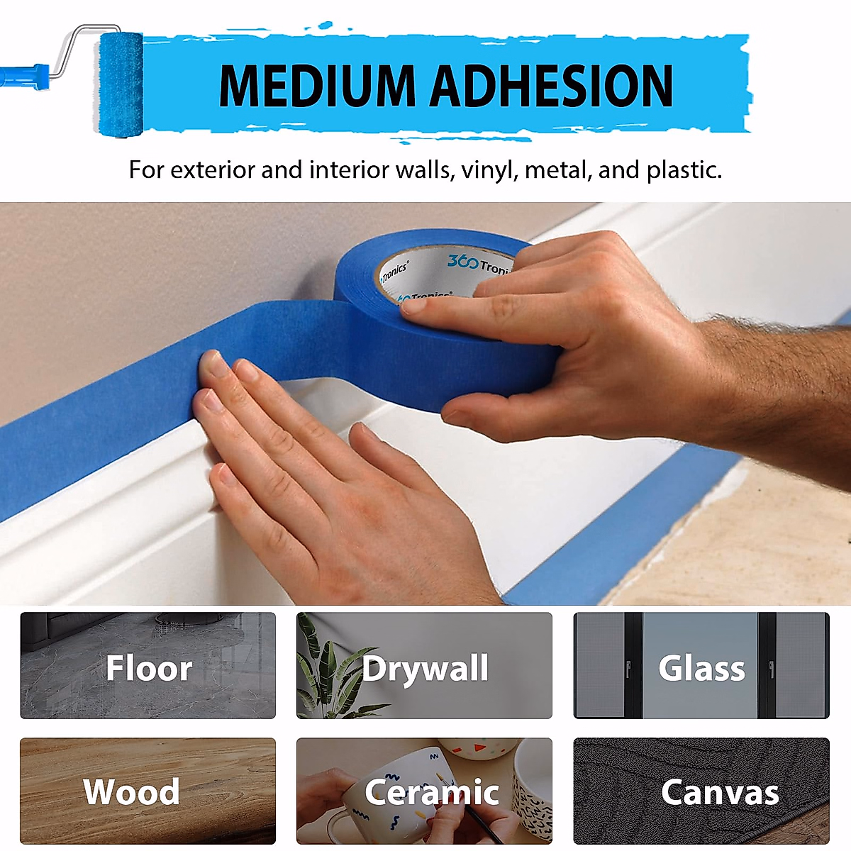360Tronics Blue Painters Tape Multi-Surface 2 Inch x 60 Yards, Professional Painters Choice Masking Tape, Residue Free Paint Tape Rolls for Protects Surfaces, Spray Paint, 1-Pack