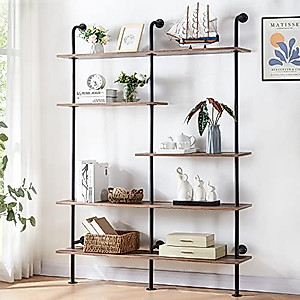 HOMISSUE Industrial Bookshelf 5-Tier Open Wall Mount Ladder Bookshelf, Modern Bookcase with Metal Frame and Wood for Home Office, Wall Mounted Industrial Iron Pipe Shelf, Oak Brown