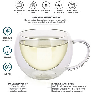 Teabloom Modern Classic Insulated Cups – 6 oz / 200 ml – Set of 2 Double Walled Glass Cups for Tea or Coffee