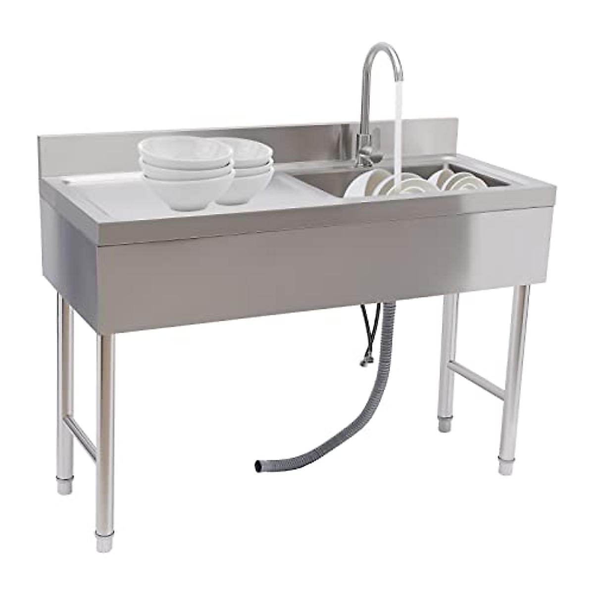 Commercial Sink, Free Standing Stainless Steel Single Bowl Restaurant Kitchen Sink Set w/Faucet & Drainboard, Prep Utility Washing Hand Basin w/Workbench Storage Shelves Indoor Outdoor