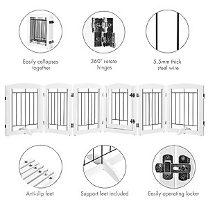 Spirich Extra Wide Dog Gates with Walk Through Door, Wooden Freestanding Pet Gate for Dog, Dog Gate for The House, Doorway, Stairs, 120" Wide Pet Puppy Safety Fence with 6 Panels (White)