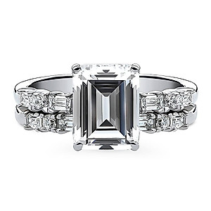 BERRICLE Sterling Silver Solitaire Wedding Engagement Rings 2.1 Carat Emerald Cut Cubic Zirconia CZ Art Deco Ring Set for Women, Rhodium Plated Size 5