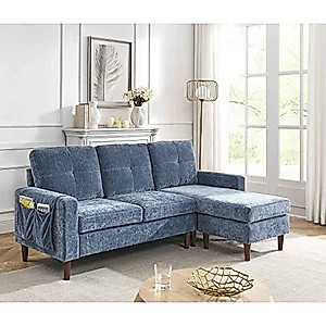 ATY Convertible Sectional Sofa with Removable Ottoman and Cushions, 3 Seats L-Shape Chenille Couch w/Pocket & Rubber Wood Legs, Perfect for Livingroom, Aapartment, Small Space, 80", Navy