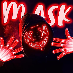 JOYIN Halloween Led Light Up Scary Mask and Gloves for Cosplay Costume (Red), 3 Modes Glow in The Dark Mask for Boys Girls