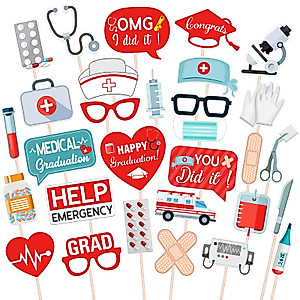 Maicaiffe Medical Graduation Party Photo Booth Props - 30 Pcs Congrats Doctor Nurse Selfie Props Favors Supplies - Nursing School Graduation Party Centerpiece Sticks - RN Graduation Party Decorations