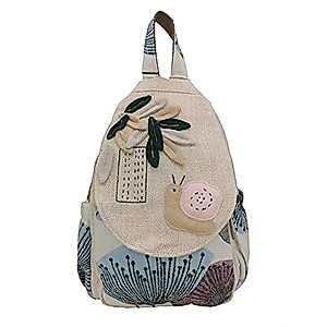 HUANGGUOSHU Women Cotton Woven Hippie Hemp Boho Canvas Embroidery Multi Pocket Retro Cute Backpack Wallet Backpack（Snails）