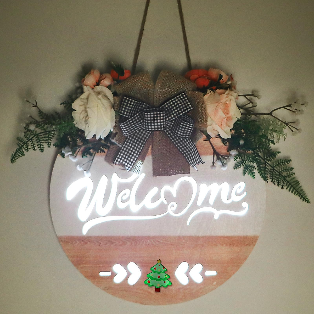 Interchangeable Welcome Sign with Automatic Induction Light, Welcome Sign for Front Door, Welcome Door Sign with 8 Interchangeable Seasonal Icons, Welcome Sign Wall Hanging Farmhouse(Wood Grain)