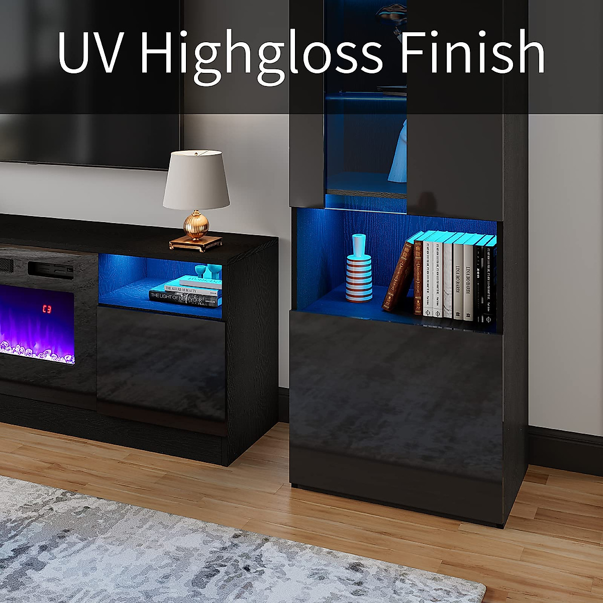 AMERLIFE Fireplace Entertainment Center Set, Includes 70" Fireplace TV Stand & 2 LED Highgloss Bookcases, Modern Storage Cabinets for TVs up to 80", Black