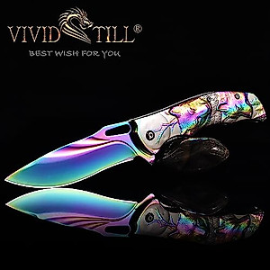 Pocket Knife for Men, Folding Knife With Clip & 3D TITANIUM PLATED WOLF Relief, Embossed Edc Knife For Men Outdoor Survival Camping Hiking hunting (Rainbow)