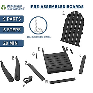 Folding Adirondack Chairs Set of 2, Retractable Ottoman, Poly Lumber Patio Chairs with Cup Holder, Weather Resistant Lawn Outdoor Fire Pit Chair for Porch, Pool, Deck, Backyard, Garden, Black