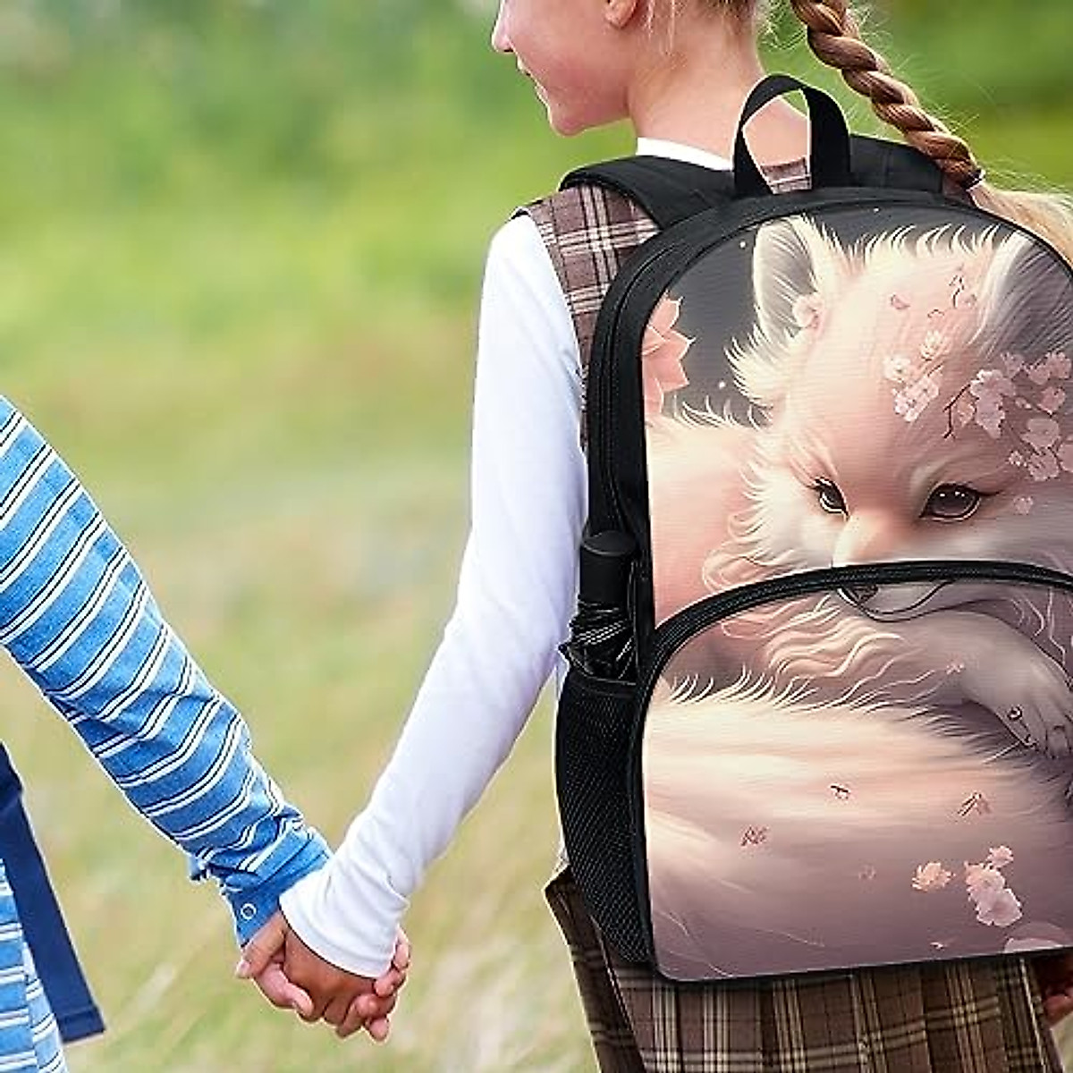 DMOYALA Cute Fox Love Backpack for Girls and Boys Cute Fox Baby Blossom Pink Backpacks with Water Bottle Pocket Lightweight Canvas Back to School Supplies