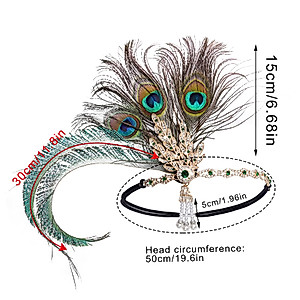Tongcloud 1920s Flapper Feather Headband Roaring 20s Gatsby Headpiece Women's 1920s Headband Flapper Feather Headpiece(Peacock Green)
