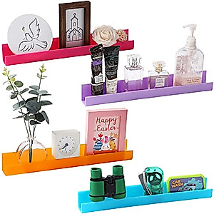 4 Pcs 15" Acrylic Floating Shelves Kids Bookshelf for Wall Mounted Macaron Color Hanging Acrylic Bookcase Display Shelf for Toy Record Vinyl Picture Book Living Room Bedroom Decor Frames