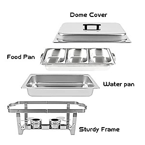 Restlrious Chafing Dish Buffet Set Stainless Steel 8 QT Foldable Rectangular Chafers and Buffet Warmers Sets w/ 3 Third Size Food Pans, Water Pan, Fuel Can for Catering Event Party Banquet, 1 Pack