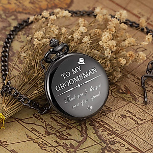 ManChDa Engraved Pocket Watches for Groomsmen, Roman Numerals Quartz Pocket Watch Gifts for Groomsmen Wedding Groomsmen Gifts for Men(Black)