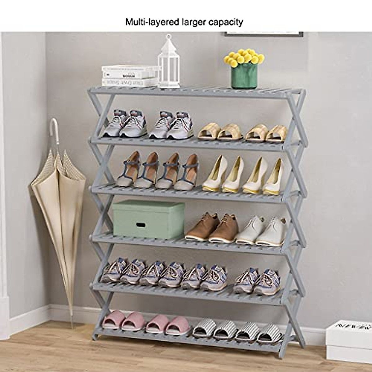 6-Tier Foldable Bamboo Shoe Organizer Rack, Bamboo Stackable Shoe Shelf Storage Organizer, Shoe Rack Household Shelves Multifunctional Storage Free Standing Shoe Shelf Grey
