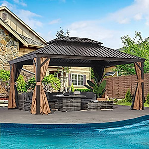 Binplax Outdoor Hardtop Gazebo Polycarbonate Double Roof Canopy Curtains Aluminum Frame with Netting for Garden, Patio (Metal Top, 12 * 16')