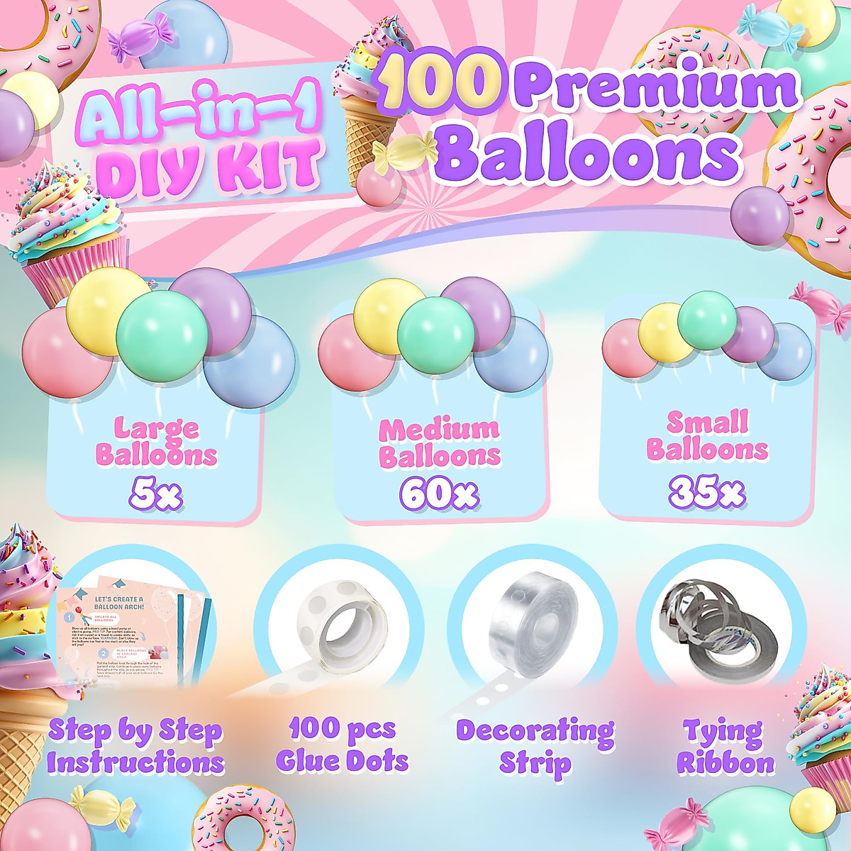 100pcs Pastel Balloon Garland Kit – Pastel Rainbow Balloon Arch – Small and Large Pastel Balloons for Pastel Birthday Decorations – Unicorn, Spring, Macaron, Easter, Donut & Ice Cream Party Balloons