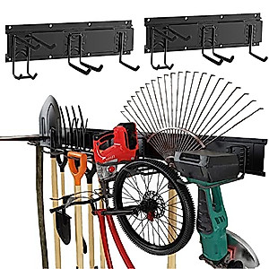 touekeng Garage Storage Tool Organizer,Garage Organization Wall Mount Rack Hanger,Super Heavy Duty Steel Garden Tool Organizer (6Hooks, 2Rails 32 in)