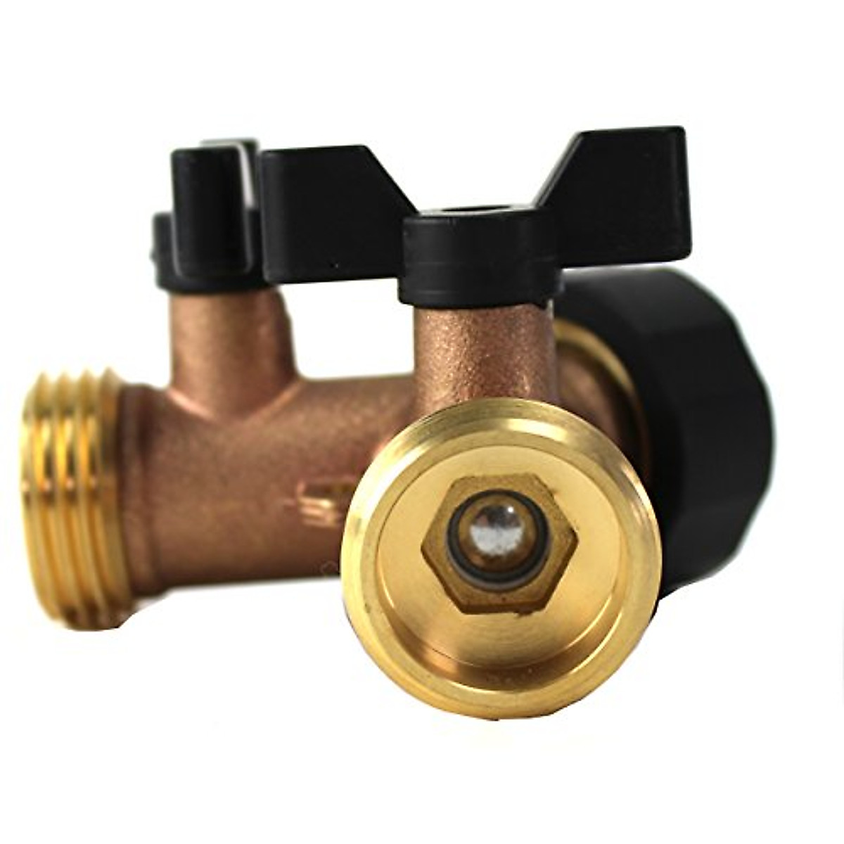 Kasian House Heavy Duty Brass Garden Hose Splitter, Y Valve, 2 Way Connector for Outdoor Faucet, Outside Water Bib Spigot Adapter, Large Comfort Grip Handles, 2 Extra Rubber Washers
