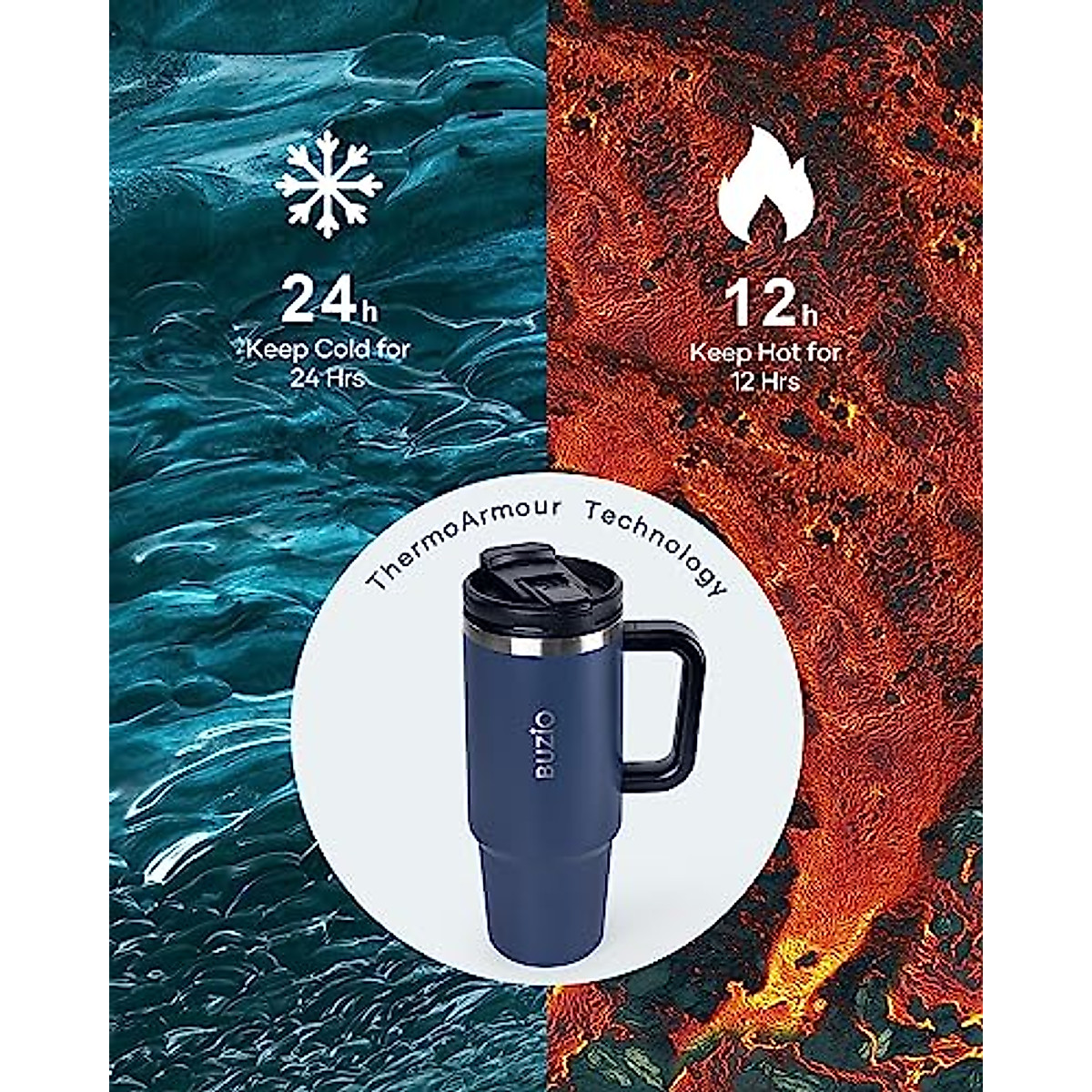 BUZIO 40oz Insulated Tumbler with Lid and Straw, Stainless Steel 40oz Tumbler with Handle, Cupholder Friendly Water Bottles, Vacuum Coffee Mug, Travel Flask, Keep Cold for 24 Hrs/Hot for 12 Hrs, Blue