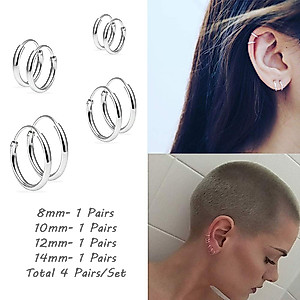 EPIRPRA Silver Hoop Earrings- Cartilage Earring Small Hoop Earrings for Women Men,4 Pairs of Hypoallergenic 925 Sterling Silver Tragus Earrings(Silver,8mm/10mm/12mm/14mm)